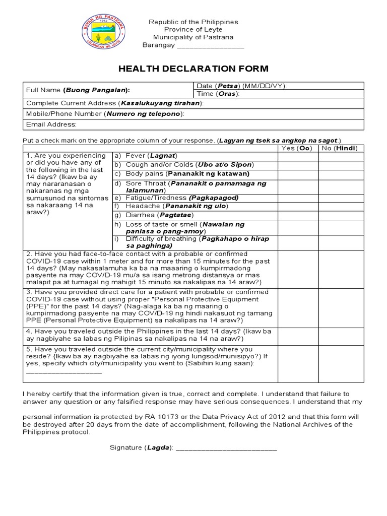 Health Declaration Form - Philippines | PDF | Clinical Medicine ...