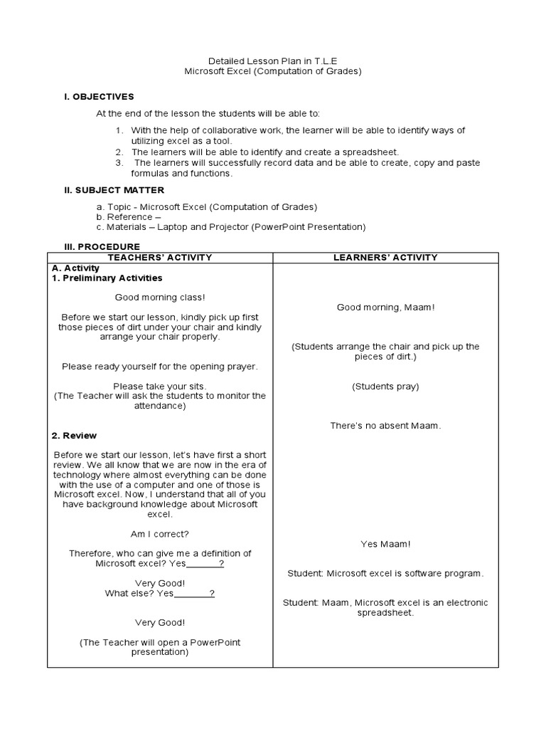 Lesson Plan | PDF | Spreadsheet | Microsoft Excel