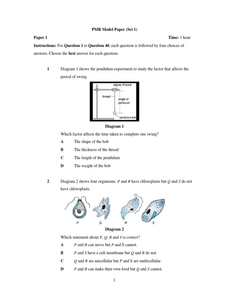 PMR Model Paper (Set 1) Paper 1 Time: 1 Hour Instructions: For Question ...
