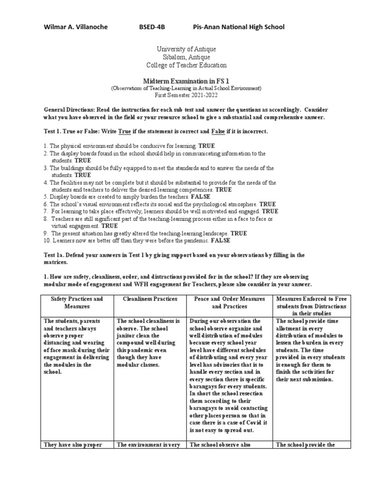 Midterm Answer FS1 | PDF | Teachers | Schools