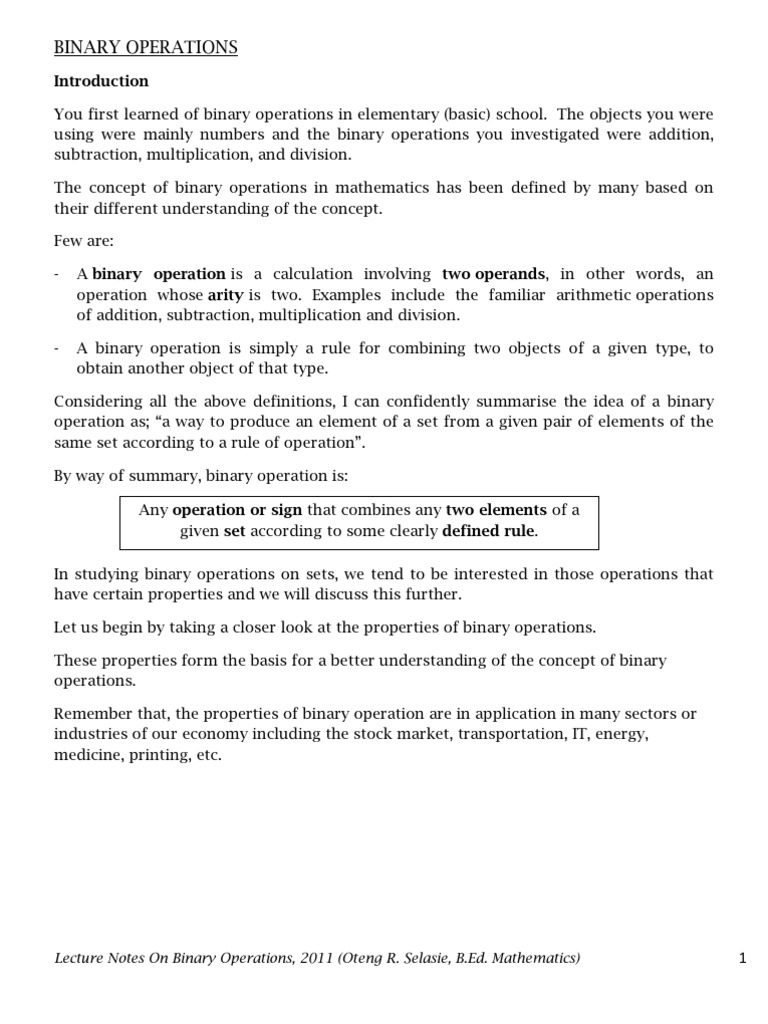 Binary Operations Notes | PDF | Multiplication | Division (Mathematics)