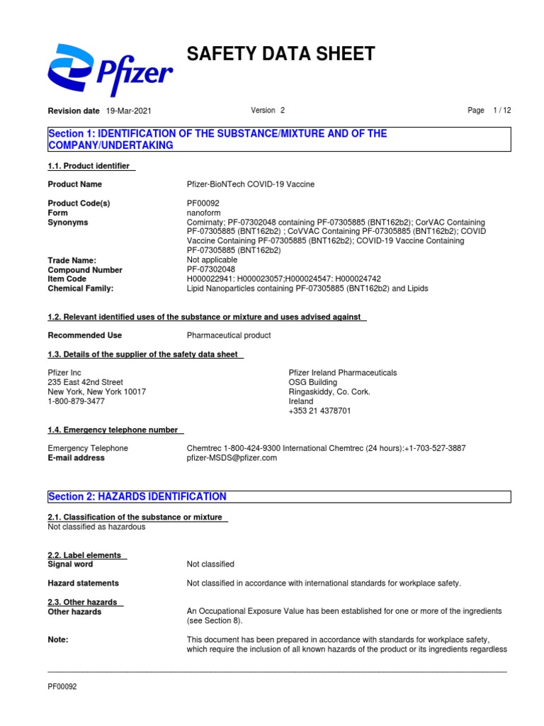 A Comprehensive Safety Data Sheet for the Pfizer-BioNTech COVID-19 ...