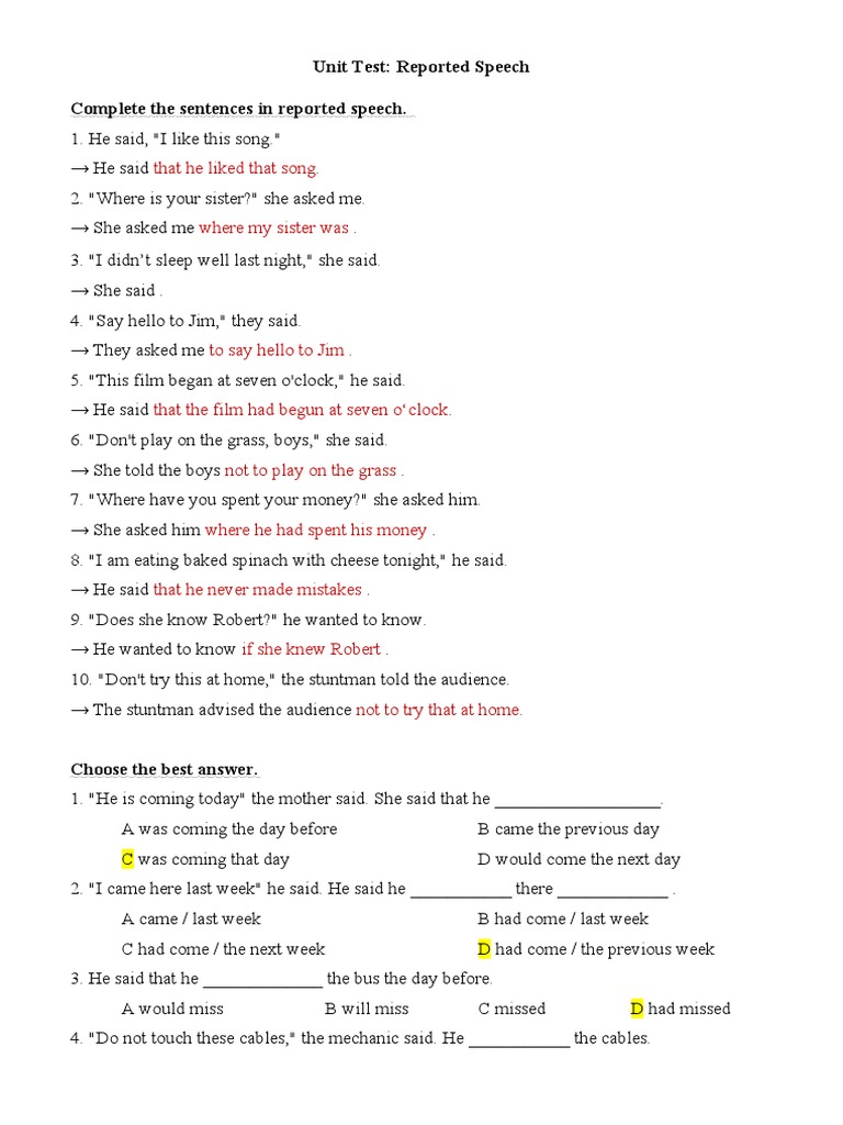 Unit Test Reported Speech | PDF