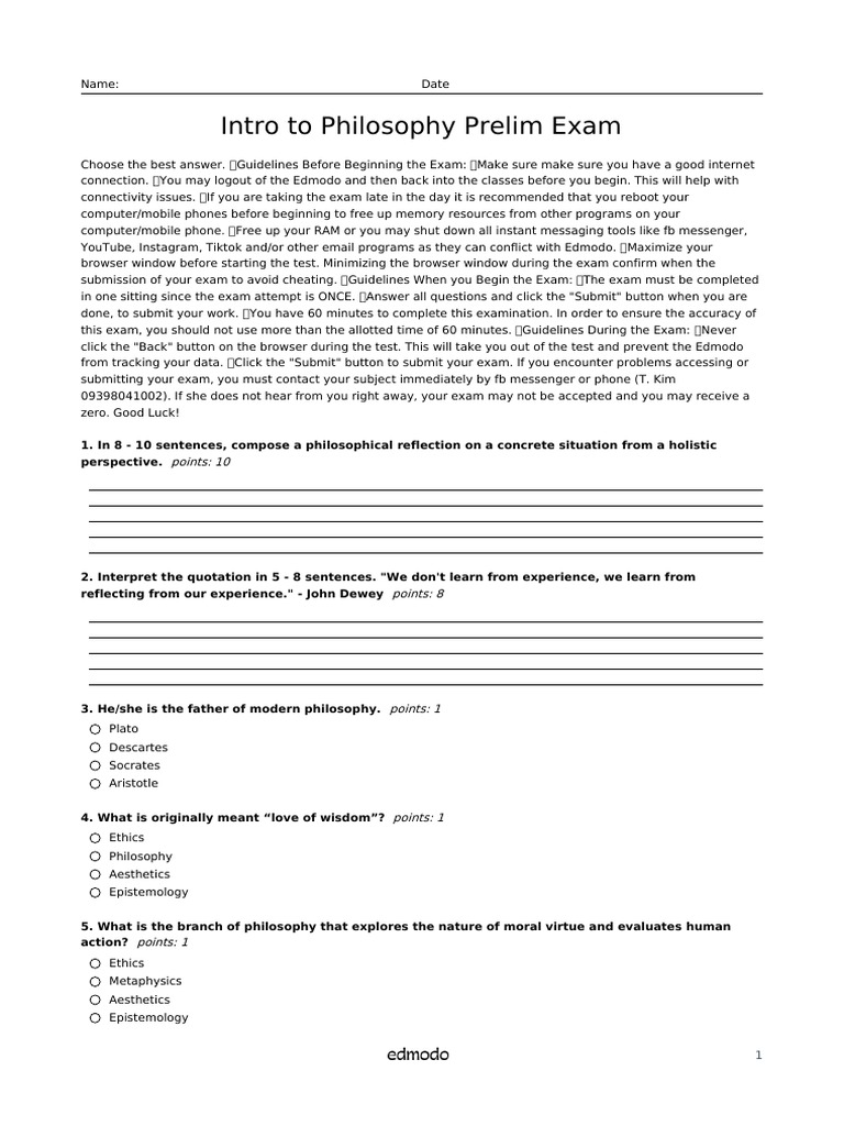 Intro To Philosophy Prelim Exam | PDF | Socrates | Epistemology