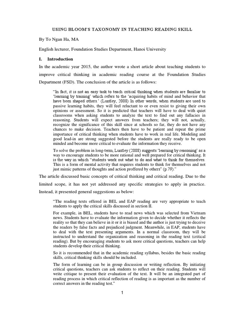 Using Bloom's Taxonomy in Teaching Reading Skill | PDF | Critical ...