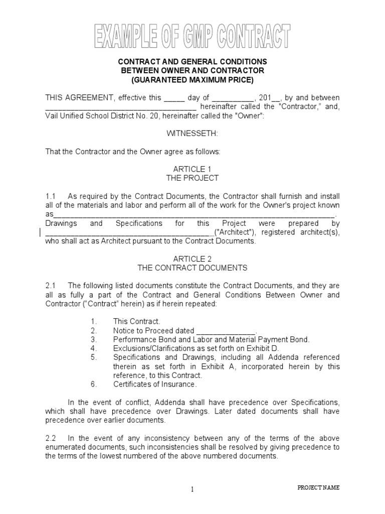 Example GMP Contract | PDF | Indemnity | General Contractor