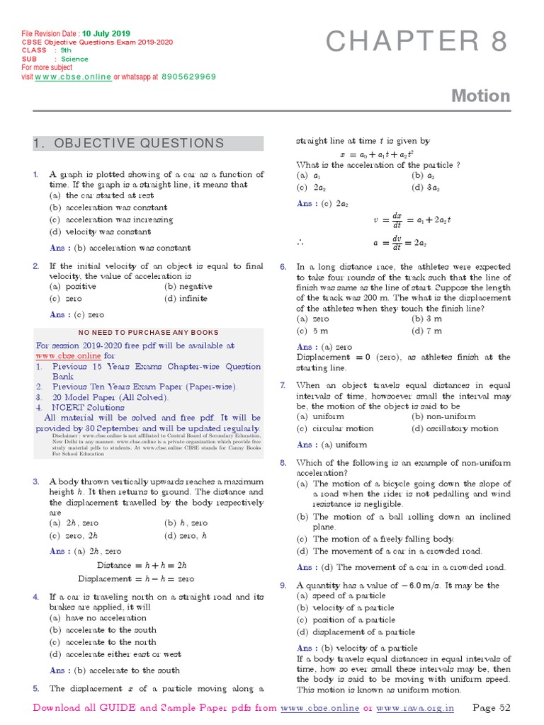 CBSE - Motion - Class 9 | PDF | Velocity | Acceleration