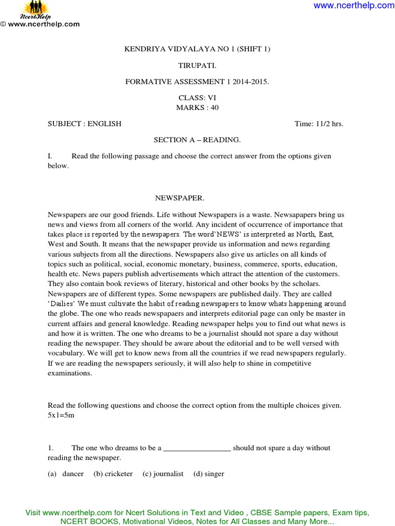 Class 6 English FA2 Question Paper | PDF | Newspapers | News