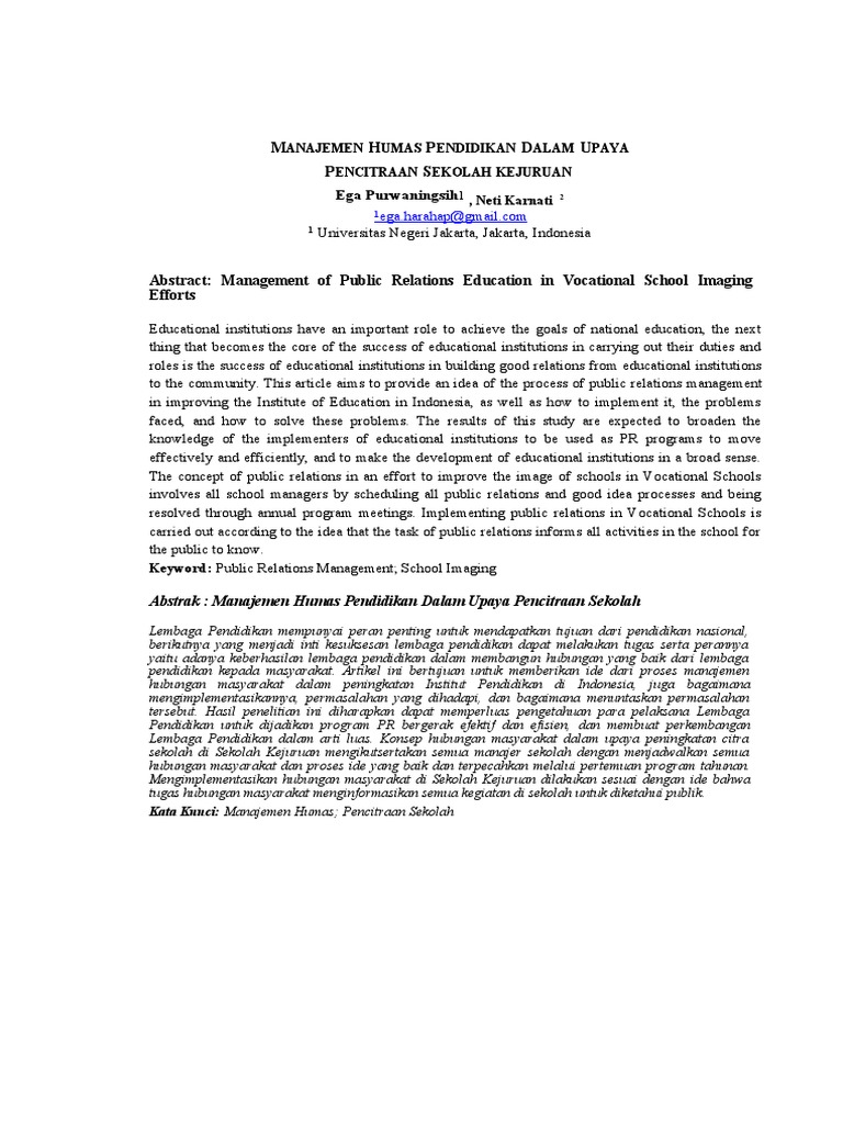 Manajemen Humas Pendidikan Dalam Upaya Pencitraan Sekolah Kejuruan | PDF