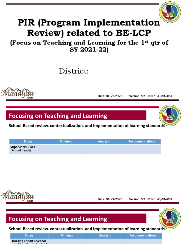 PIR (Program Implementation Review) Related To BE-LCP: District | PDF ...