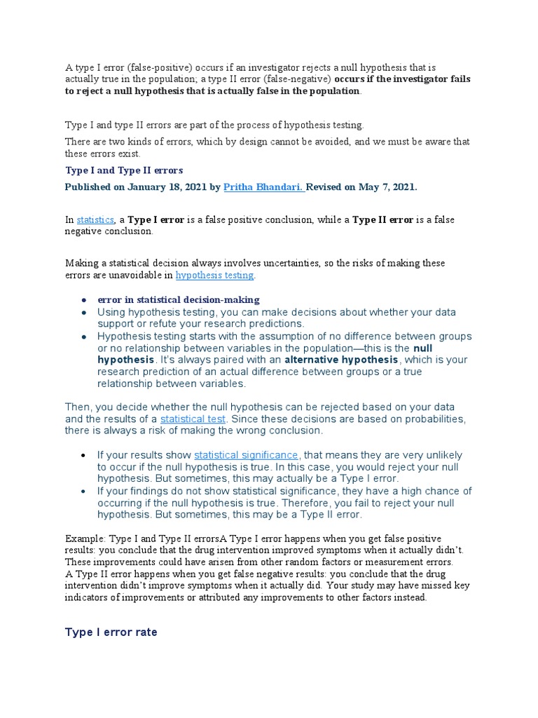 Type I and Type II Errors | PDF | Type I And Type Ii Errors ...