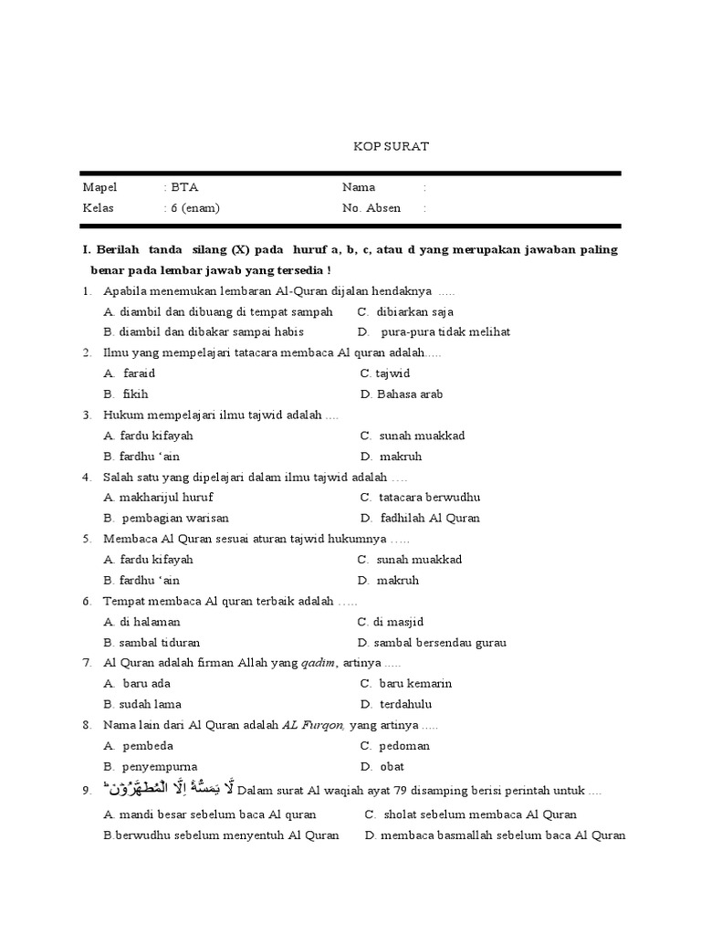 K. 6 Soal BTA Kls 6 PAS 1 Nov 2021 | PDF