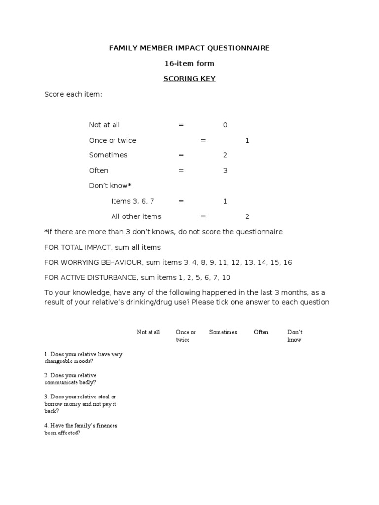 Family Member Impact Questionnaire | PDF