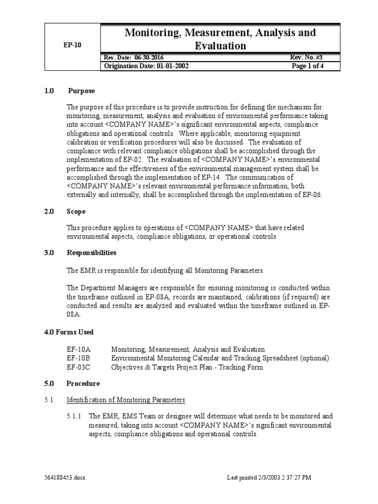 Monitoring, Measurement, Analysis and Evaluation: 1.0 Purpose | PDF ...