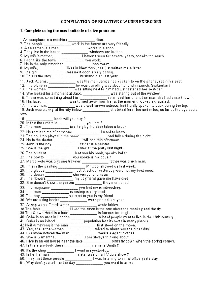 Compilation of Relative Clauses Exercises: 1. Complete Using The Most ...