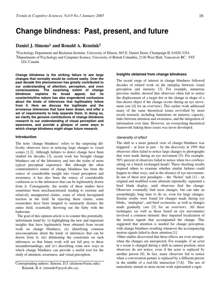 Change Blindness: Past, Present, and Future: Daniel J. Simons and ...