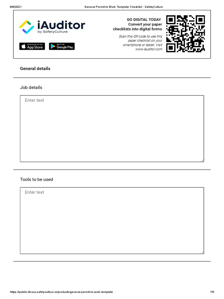 General Permit To Work Template Checklist - SafetyCulture | PDF ...