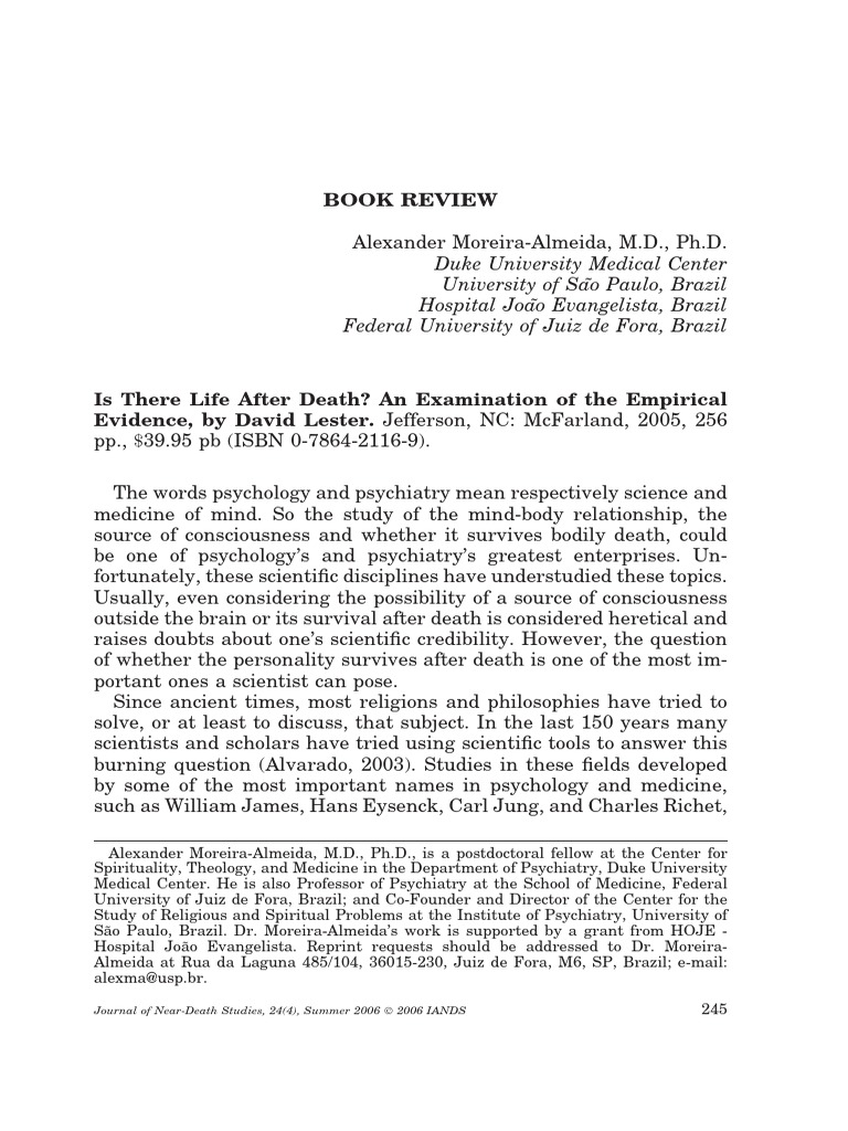 Book Review Of: Is There Life After Death? An Examination of The Empirical Evidence, by David ...