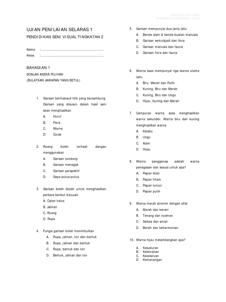 Soalan Pendidikan Seni Visual Untuk Tingkatan 2 | PDF