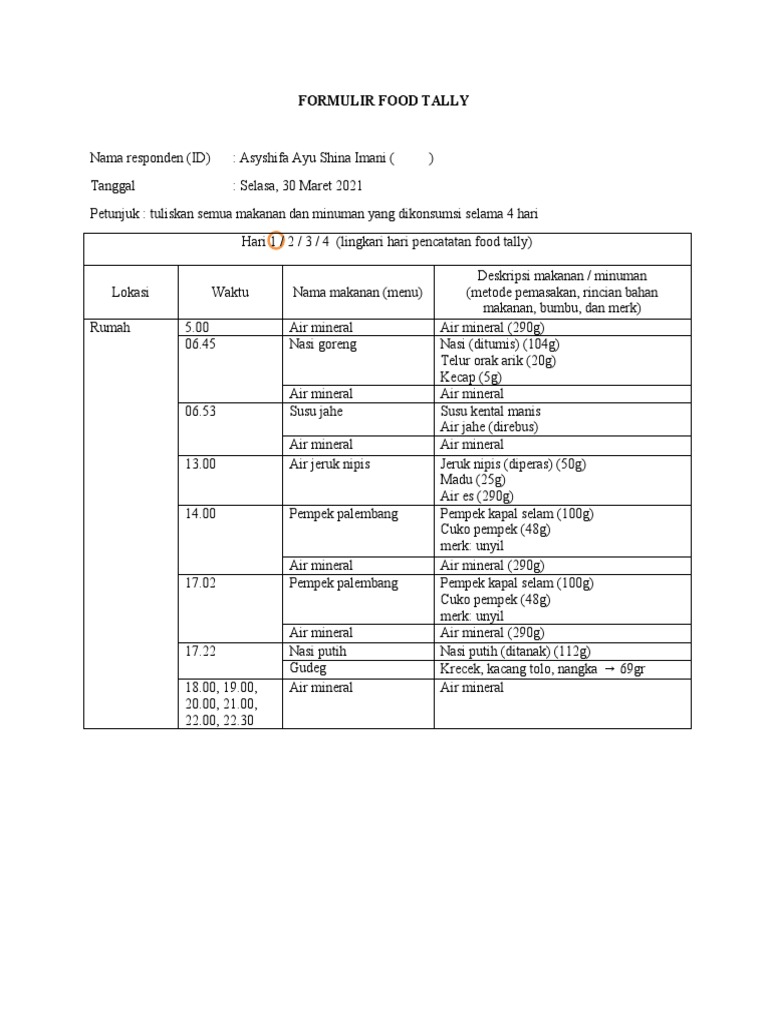 Formulir Food Tally | PDF