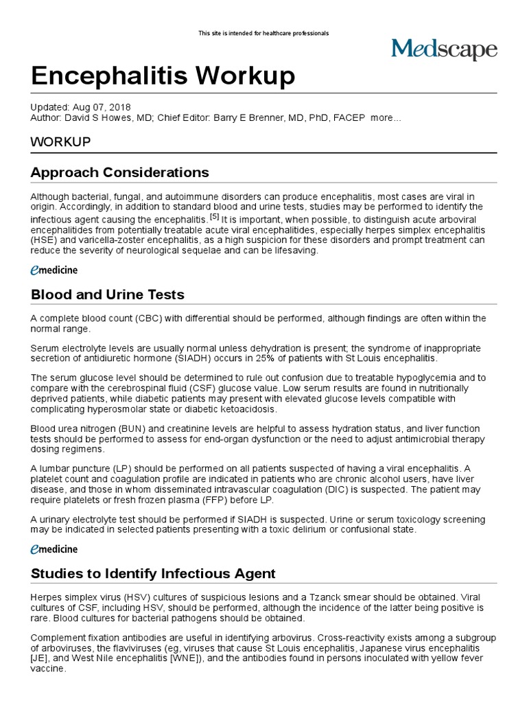 Encephalitis Workup: Approach Considerations | PDF | Meningitis ...