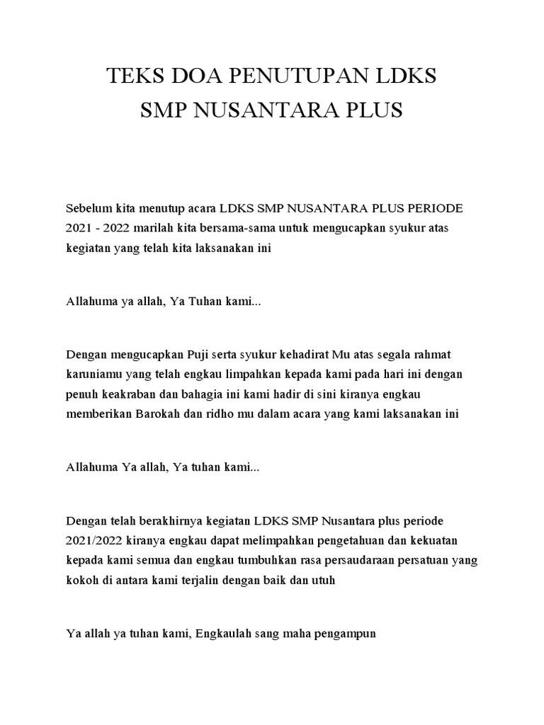 Teks Doa Penutupan LDKS | PDF