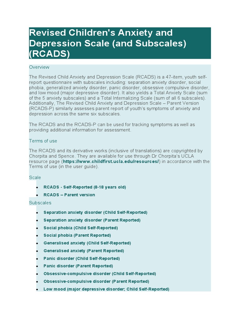 Revised Children's Anxiety and Depression Scale (And Subscales) (Rcads) | PDF | Anxiety Disorder ...