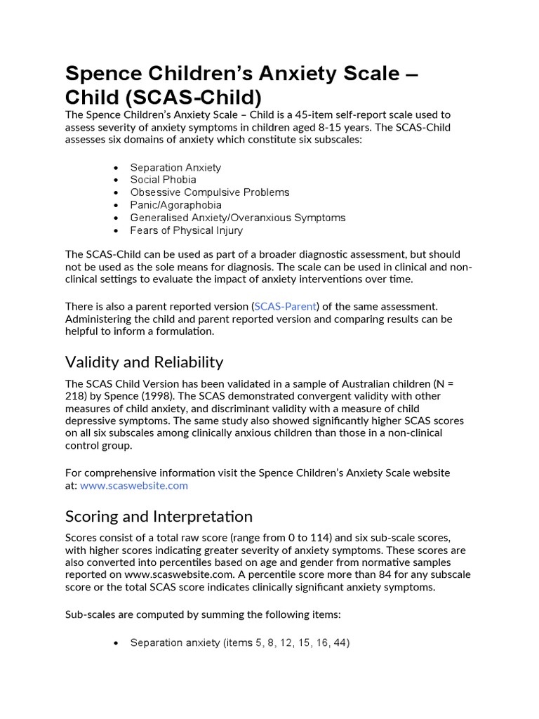 Spence Children's Anxiety Scale - Child (SCAS-Child) : Validity and Reliability | PDF | Anxiety ...