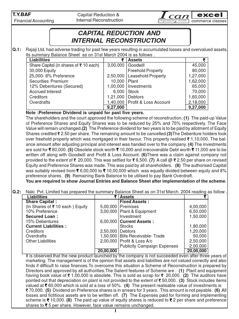 Capital Reduction and Internal Reconstruction: Excel | PDF | Equity ...