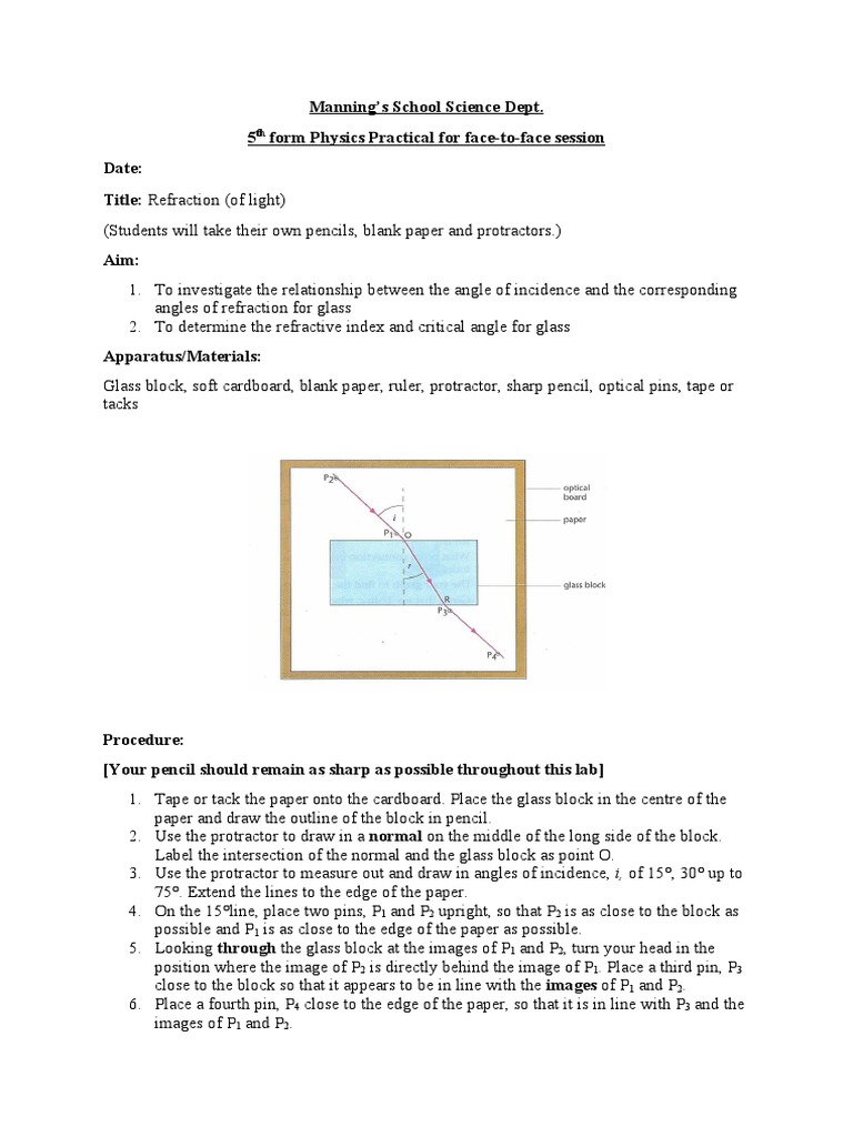 5th Form Physics Practical - Refraction | PDF | Refraction | Refractive ...