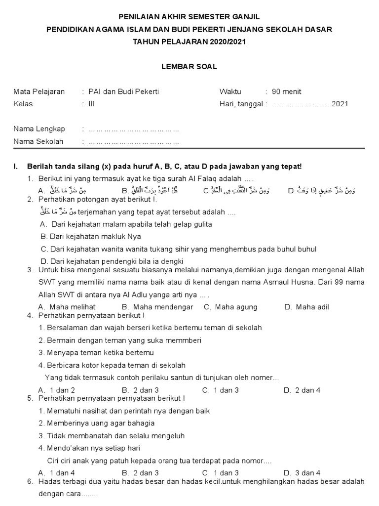 Penilaian Akhir Semester Ganjil Kls IV | PDF