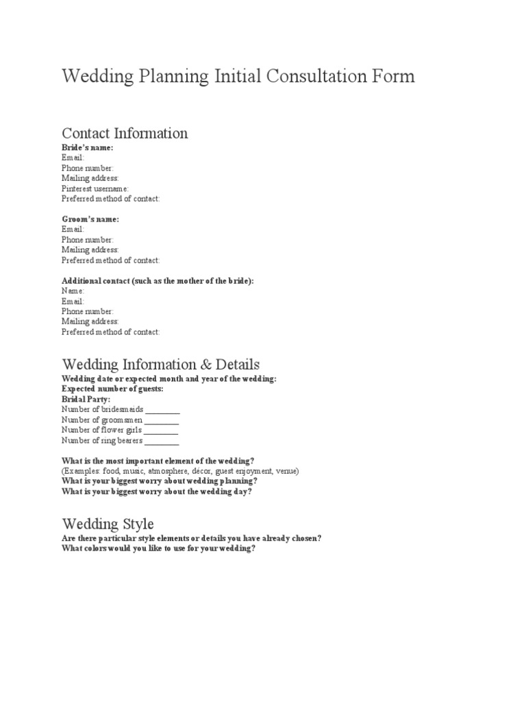 Wedding Planning Initial Consultation Form | PDF | Wedding | Fashion Related Occasions