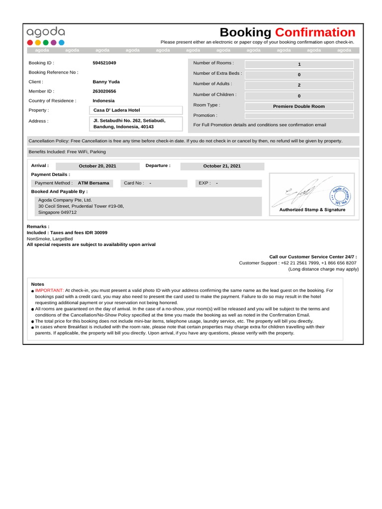 Agoda Booking Confirmation for Casa D' Ladera | PDF | Payments | Economies