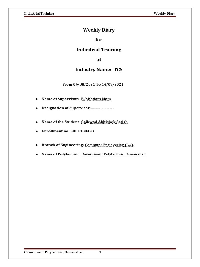 Weekly Diary For Industrial Training at Industry Name: TCS | PDF ...