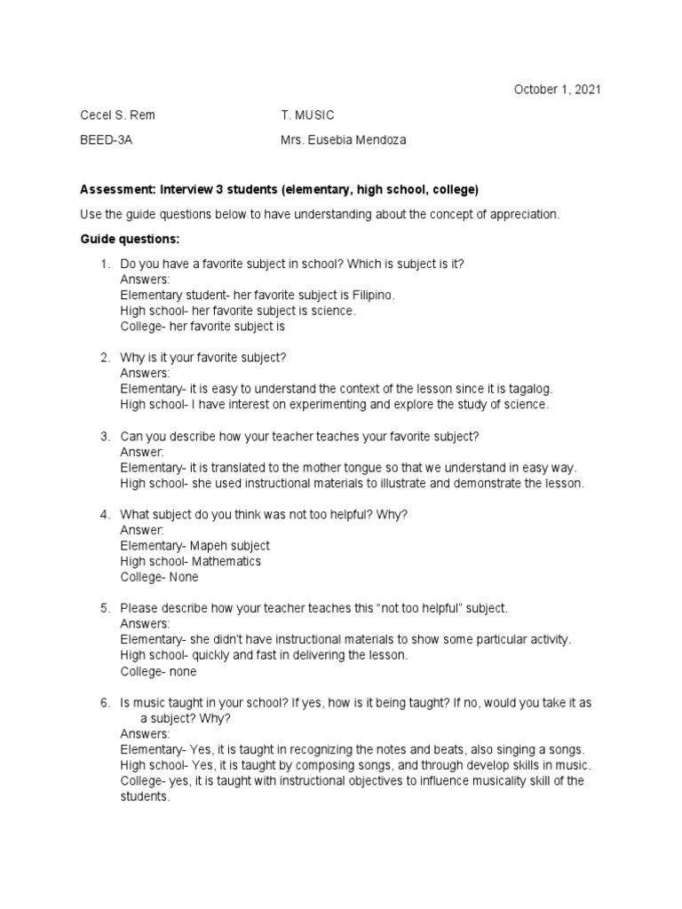 Assessment: Interview 3 Students (Elementary, High School, College ...