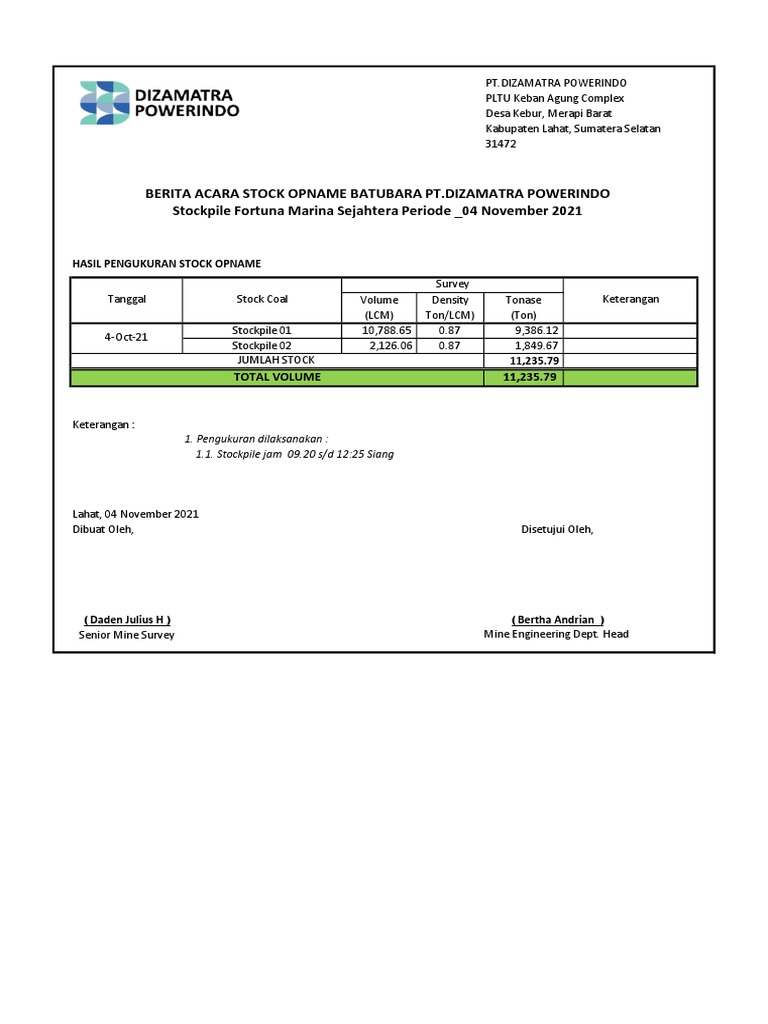BA. Stock Opname Batubara FMS Periode EOM - 211104 | PDF