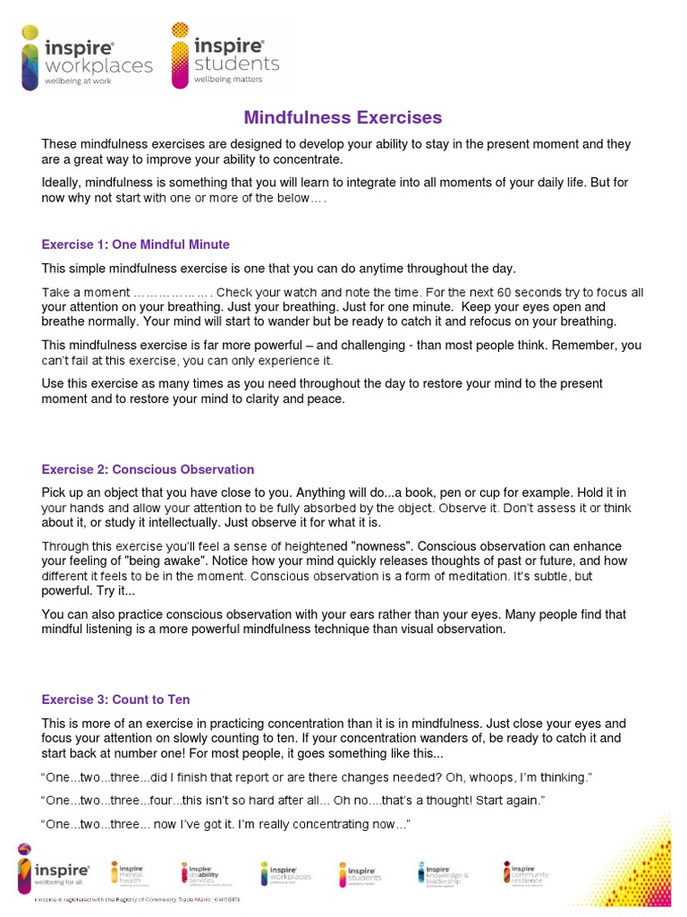 Mindfulness Exercises: Exercise 1: One Mindful Minute | Download Free ...