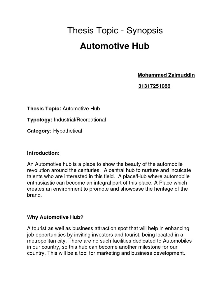Automotive Hub: Thesis Topic - Synopsis | Download Free PDF | Car ...