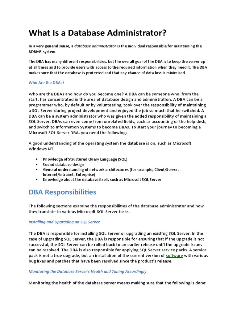 What Is A Database Administrator?: DBA Responsibilities | PDF ...