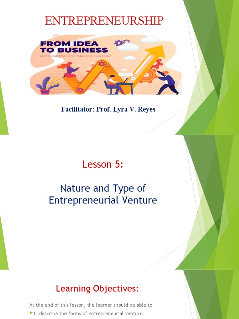 ENTREPRENEURSHIP Chapter 3 Lesson 5 Nature and Type of Entrepreneurial ...