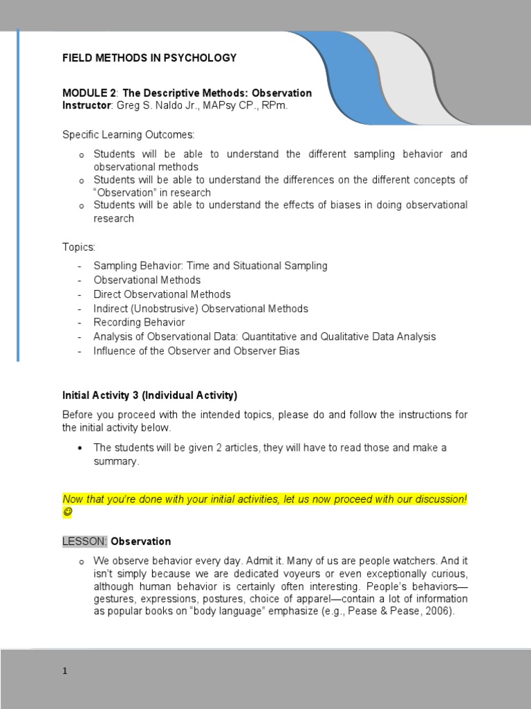 Field Methods in Psychology Module 2: The Descriptive Methods ...