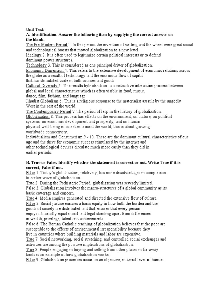 Unit Test: Key Concepts of Globalization Through the Ages | PDF ...