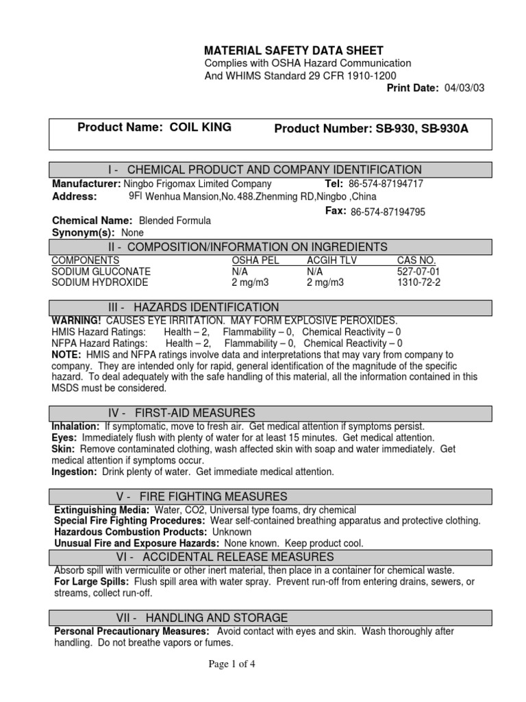 SB-930 MSDS | PDF | Dangerous Goods | Chemistry