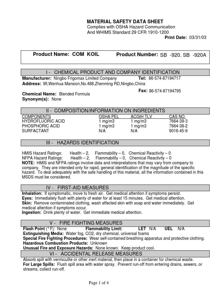 SB-920 MSDS | PDF | Dangerous Goods | Occupational Safety And Health Administration