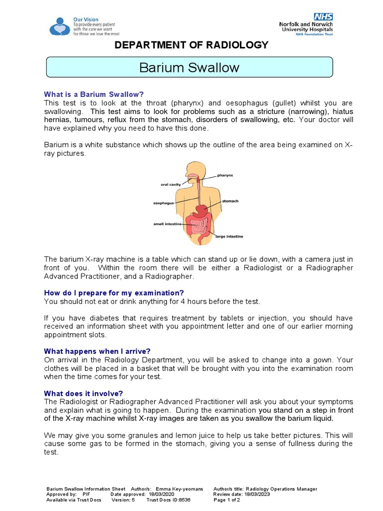 Barium Swallow Test Guide | PDF | Radiology | Esophagus