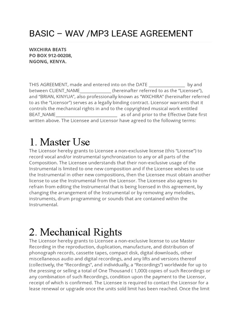 Master Use: Basic - Wav /Mp3 Lease Agreement | PDF | License | Sound Recording And Reproduction
