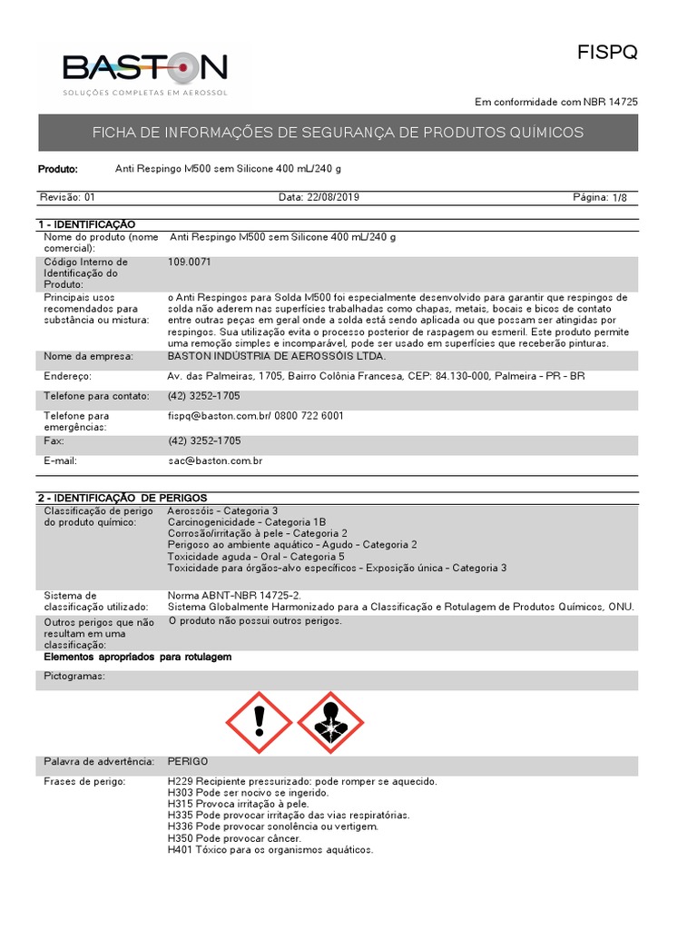 Ficha de Informações de Segurança de Produtos Químicos (FISPQ) para ...