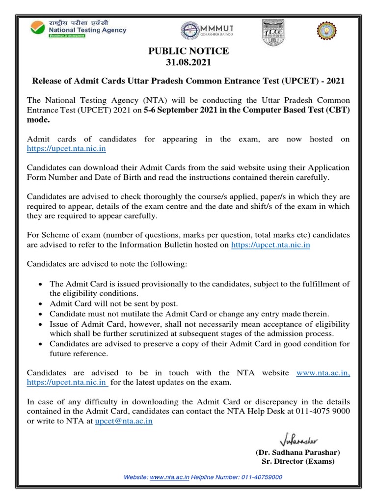 PUBLIC NOTICE 31.08.2021 Release of Admit Cards Ut | PDF | Career ...