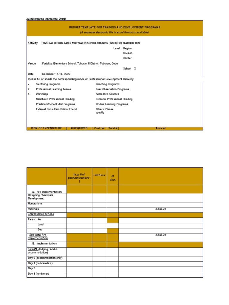 Mid Year INSET 2020 Budget Template | PDF