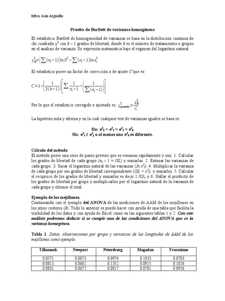 Prueba de Bartlett de Varianzas Homogéneas | PDF | Análisis de variación | Logaritmo